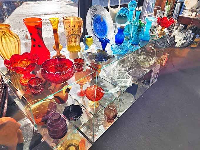 Sunlight transforms these vintage glass pieces into jewel-toned magic &ndash; collectors prize their saturated colors impossible to replicate with modern methods.