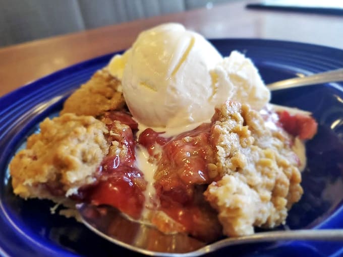 Warm fruit crisp meets cold ice cream in a temperature tango that proves opposites really do attract, especially in dessert form.