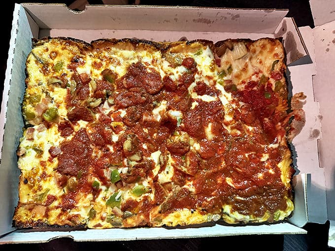 A boxed-up Detroit-style pizza &ndash; half the joy is eating it fresh, the other half is knowing there's leftovers for tomorrow.