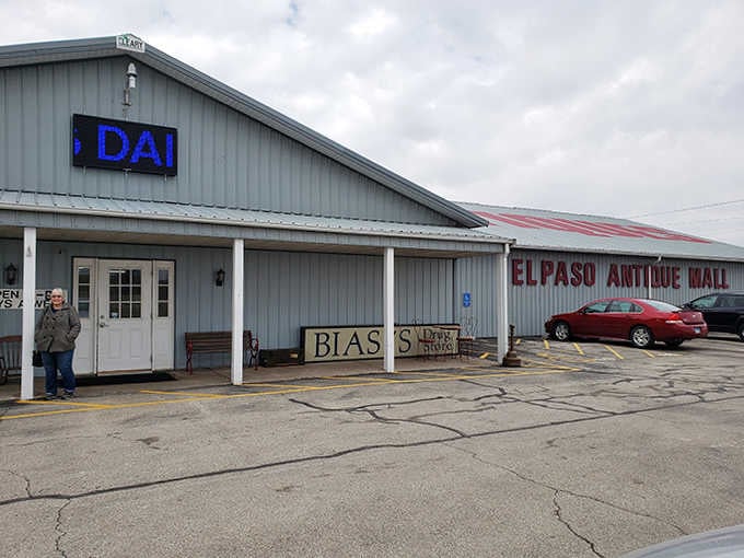 The mall's entrance welcomes visitors with the promise of 30,000 square feet of vintage shopping adventures inside.