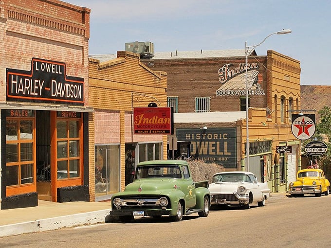 Motorcycle history on display &ndash; Indian and Harley-Davidson dealerships face off across Erie Street in friendly competition.