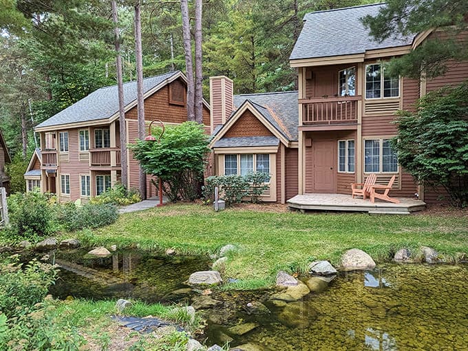 Tranquil waters reflect cedar-sided condos, creating the kind of peaceful scene that real estate photographers don't even need to edit.