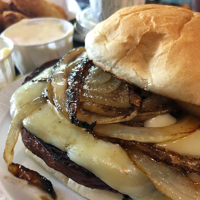 The star of the show: a thick-cut bologna sandwich with grilled onions and melty cheese that transforms a humble lunch meat into something extraordinary.