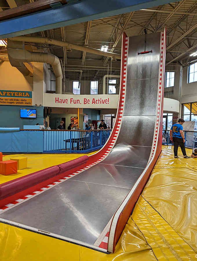 The silver slide sends riders zooming downward with just enough velocity to produce those genuine belly laughs that seem to get rarer as we age.