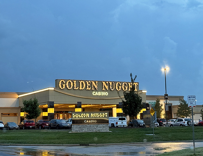 The Golden Nugget Casino adds a touch of Vegas-style excitement to Danville's entertainment options, its lights glowing against the Illinois night sky.