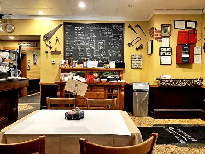 The chalkboard menu hints at daily specials while vintage tools adorn walls &ndash; a space where tradition meets creativity in the most delicious ways.