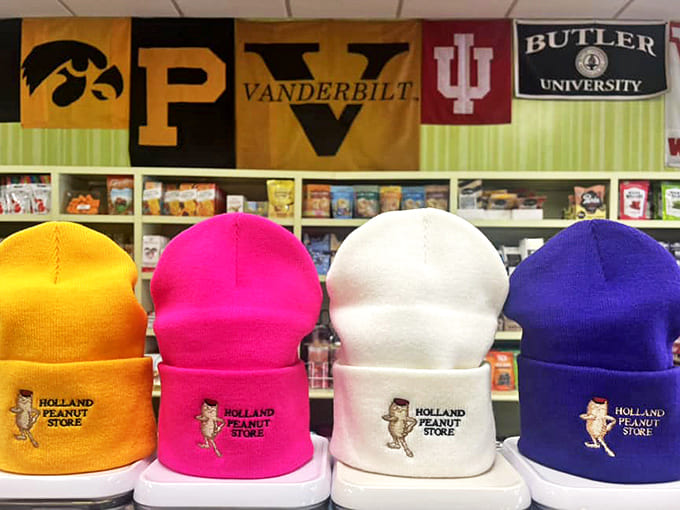 Headwear that declares your sweet allegiance &ndash; colorful beanies sporting the iconic peanut mascot for true Holland Peanut Store devotees.