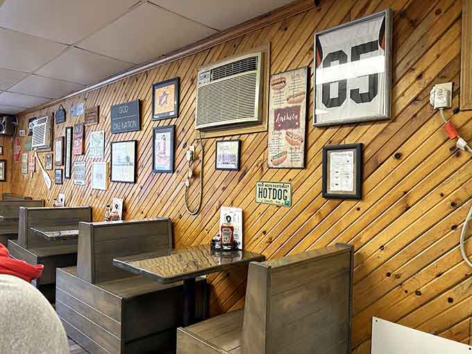 Cozy booths line the walls, providing the perfect spot for families and friends to settle in for a satisfying meal.