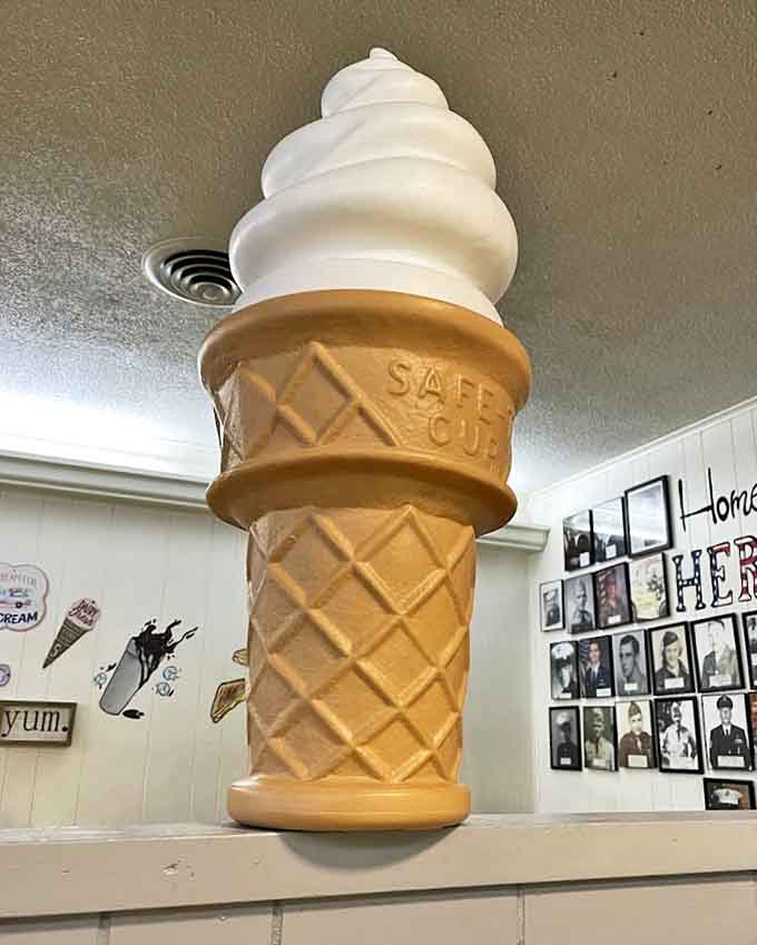 A towering soft-serve sculpture that serves as both decoration and inspiration for the frozen masterpieces created here daily.