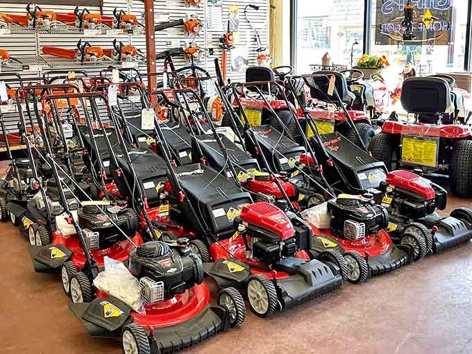The lawn equipment section stands ready for Minnesota's brief but glorious summer, with mowers lined up like soldiers prepared for battle against overgrown grass.