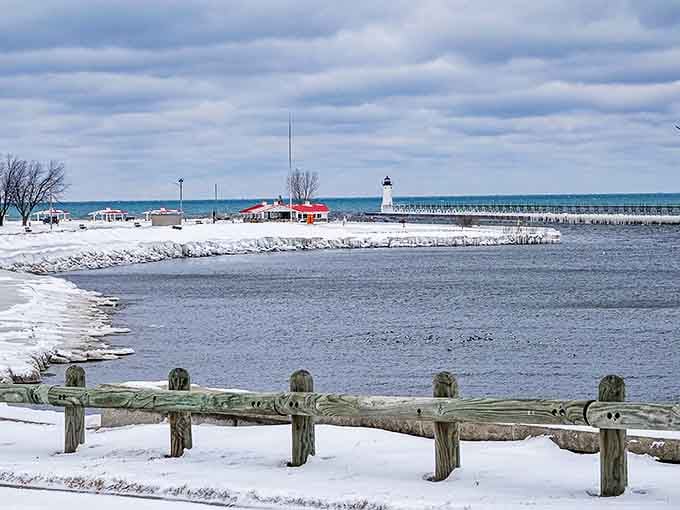 Winter transforms Manistee's lighthouse into a snow-dusted sentinel, standing defiant against Michigan's most dramatic season.