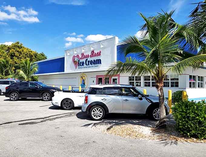 Palm trees stand guard over the parking area, where cars wait patiently while their owners embark on important ice cream missions.