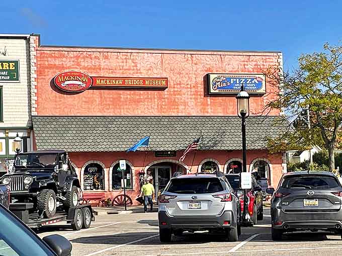 The parking lot fills with visitors drawn by both culinary cravings and curiosity about the unexpected museum housed in this distinctive building.