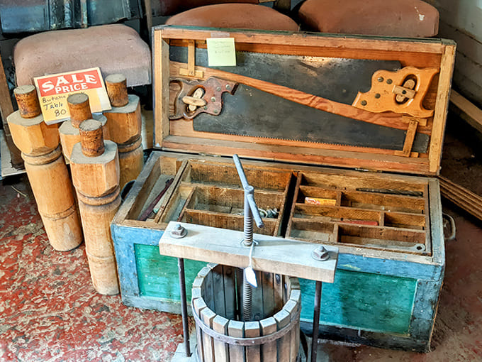 Bargain hunters rejoice! This butcher block workbench and vintage Coach bag represent the delightful price diversity that makes Mike's a treasure trove.
