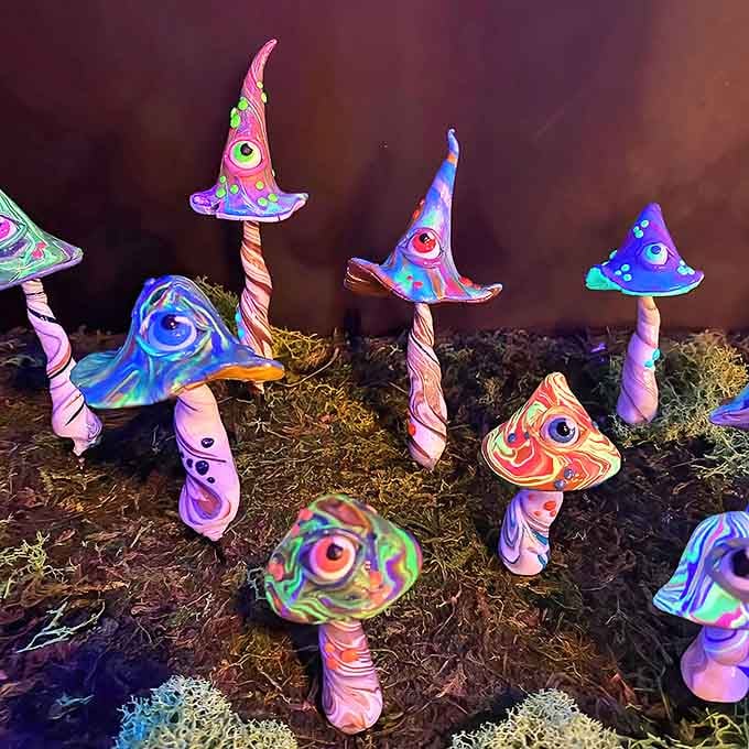 Psychedelic mushrooms bring the fun, adding splashes of color that would make any garden gnome jealous of their style.