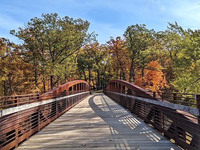Autumn paints the perfect backdrop for this pedestrian bridge, where every step delivers frame-worthy views that no Instagram filter could improve.