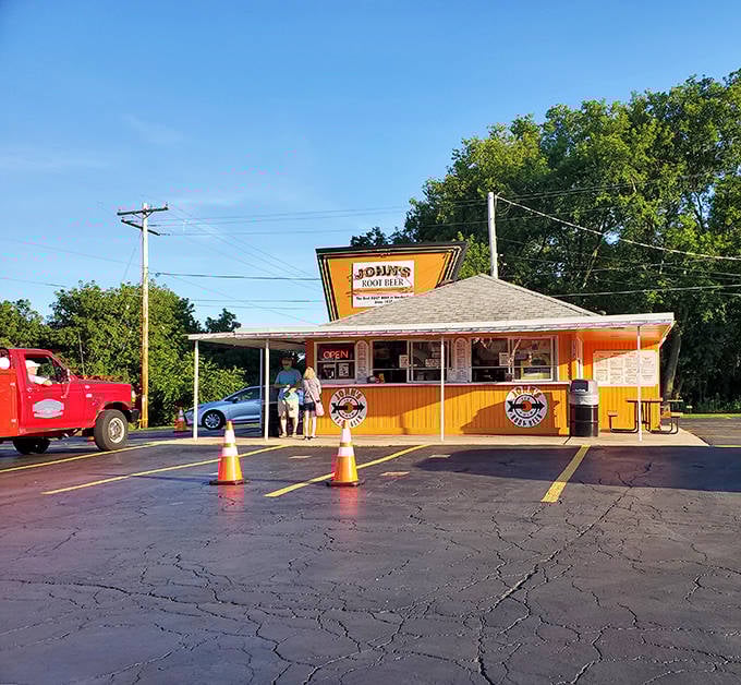 The evening light casts a golden glow on John's Root Beer stand, turning an already magical place into something from a Norman Rockwell painting.