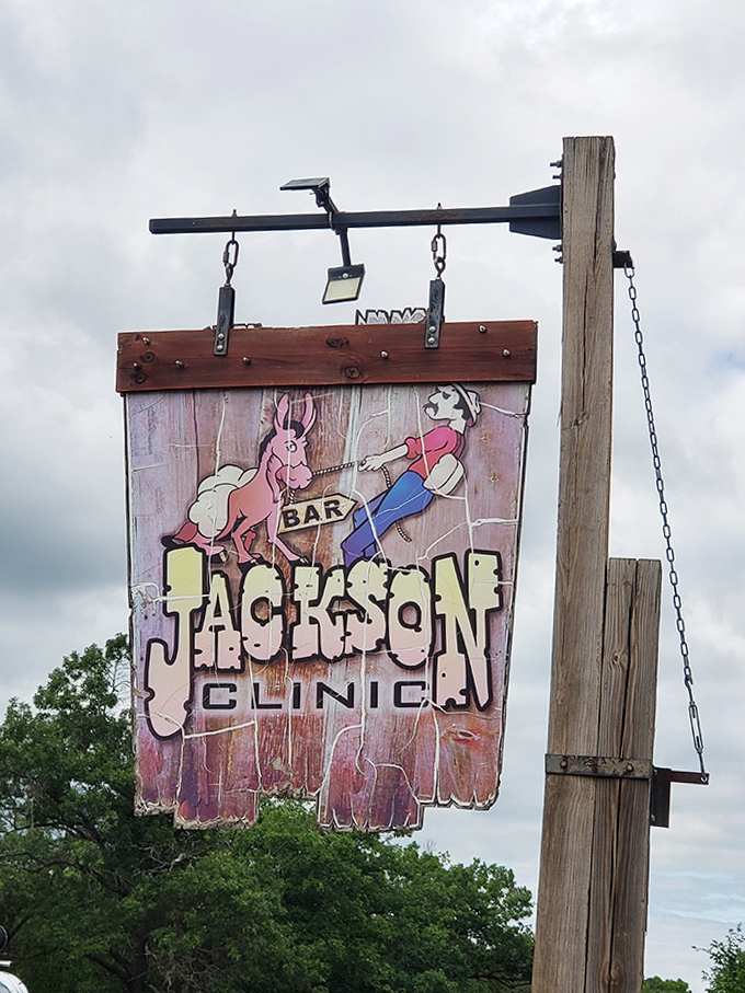 Can't miss this unique, humorous outdoor sign! It definitely sets a fun, quirky tone for the place inside.