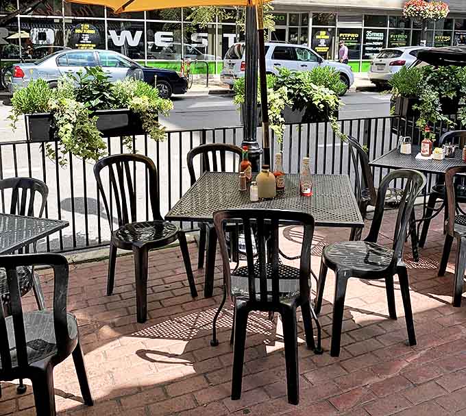 The outdoor seating area offers a breath of fresh air and prime people-watching along with your morning coffee.