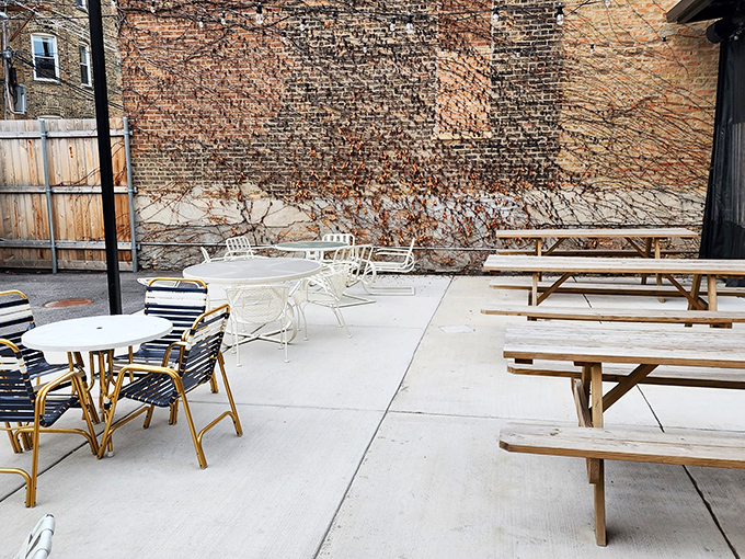 The outdoor patio against Chicago's iconic brick backdrop &ndash; a perfect urban setting for enjoying a char-grilled dog on a nice day.