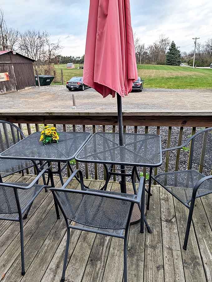 The outdoor patio offers fresh air dining with a side of rural tranquility. Simple metal furniture lets the food be the star.