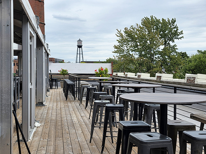 The rooftop deck offers al fresco dining with industrial-chic seating and glimpses of Columbus skyline &ndash; perfect for those golden Ohio evenings.