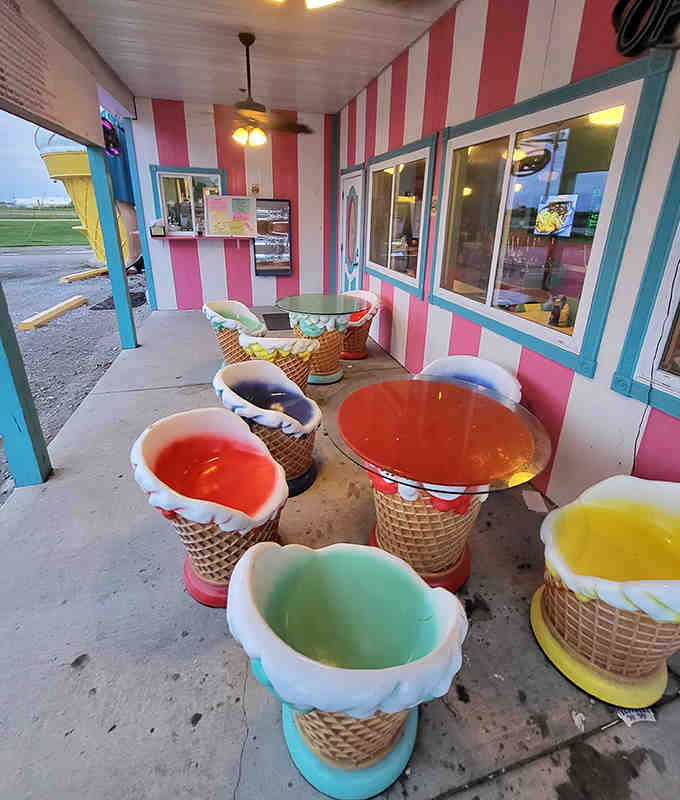 Colorful ice cream cone-shaped outdoor seating creates the perfect spot for enjoying a sweet treat while watching the world go by on historic Route 66.