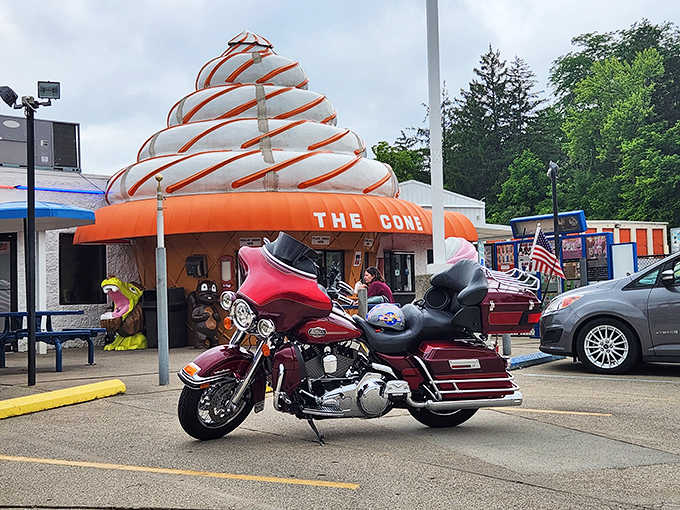 Even motorcyclists can't resist the allure of The Cone, parking their impressive rides before joining the queue for frozen delights.