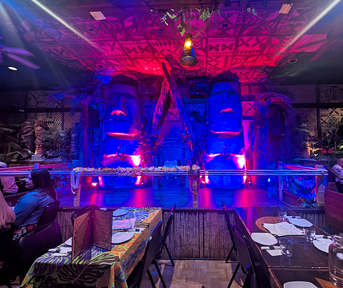 The performance area awaits its hula dancers and fire performers &ndash; dramatic lighting setting the stage for cultural traditions to come alive.