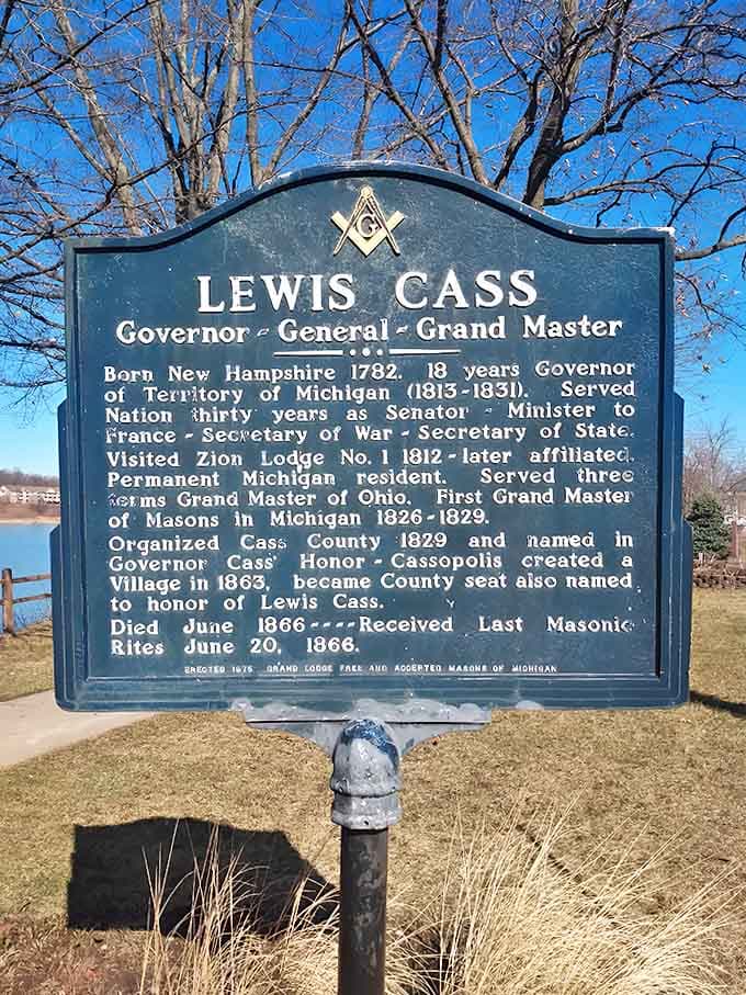 The historical marker details Lewis Cass's impressive resume &ndash; from Governor to diplomat &ndash; explaining why his name graces the county and town.
