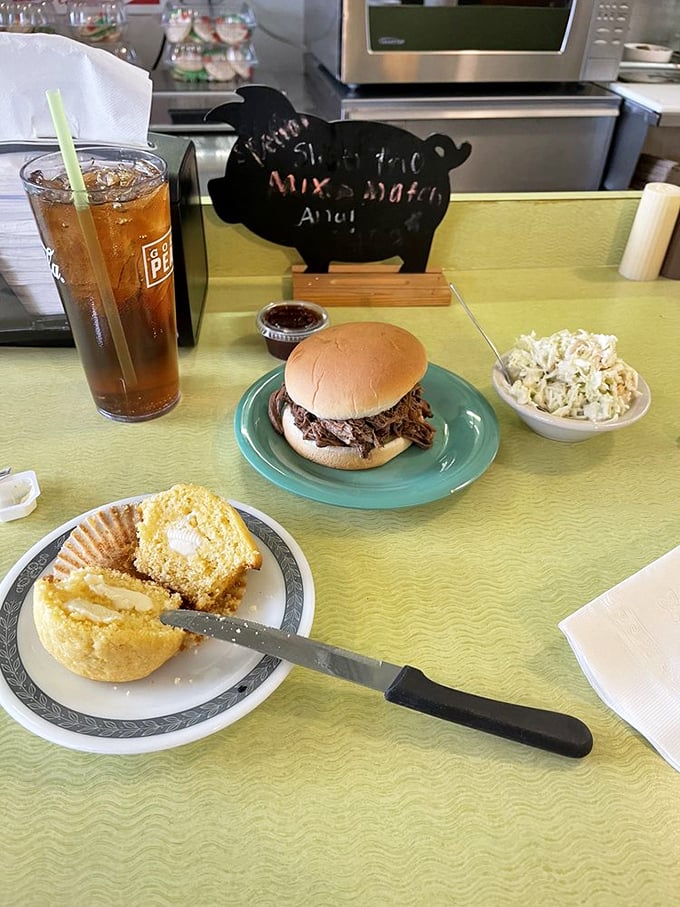 A pulled brisket sandwich with coleslaw and cornbread &ndash; proof that happiness can indeed be purchased for the price of lunch.