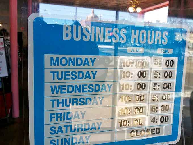 The store hours sign promises treasure hunting adventures six days a week &ndash; just enough time to recover between expeditions.