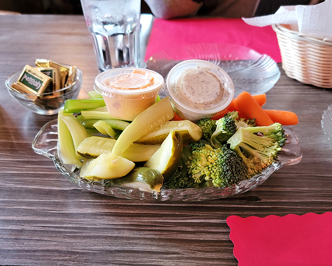 The relish tray tradition lives on &ndash; fresh vegetables, pickles and dips arrive as a colorful prelude to the feast that follows.