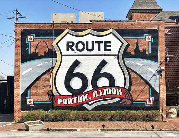 Pontiac's massive Route 66 mural serves as the perfect backdrop for road trip selfies, celebrating the town's place on America's Main Street.