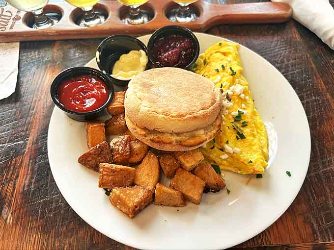 Fluffy eggs stuffed with cheese alongside golden potatoes and an English muffin – breakfast that's worth getting up for.