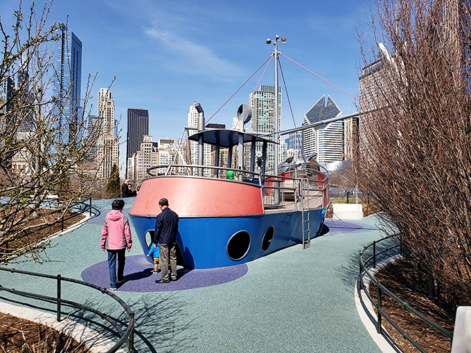 This playful boat installation lets little captains navigate imaginary waters while parents enjoy a moment's rest on solid ground.