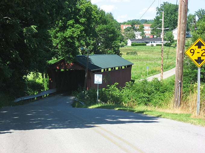 Another angle reveals the South Salem Covered Bridge's perfect proportions, its design balancing form and function in a way modern structures rarely achieve.