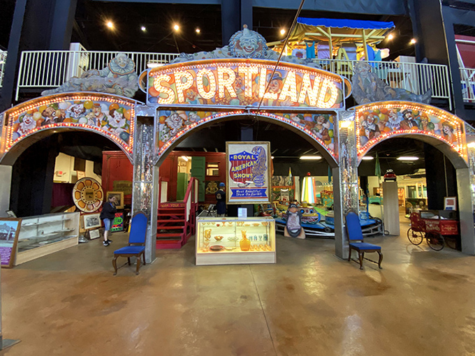 The "Sportland" entrance arch still beckons with the same irresistible carnival charm that once separated folks from their hard-earned quarters with a smile.