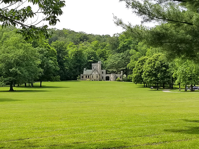 The castle emerges from lush greenery like a mirage, its stone towers creating a fairytale scene in suburban Cleveland.