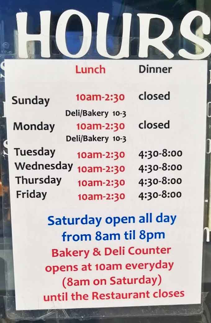 The hours sign reveals when you can get your deli fix, with Saturday's all-day service being the crown jewel for serious fans.