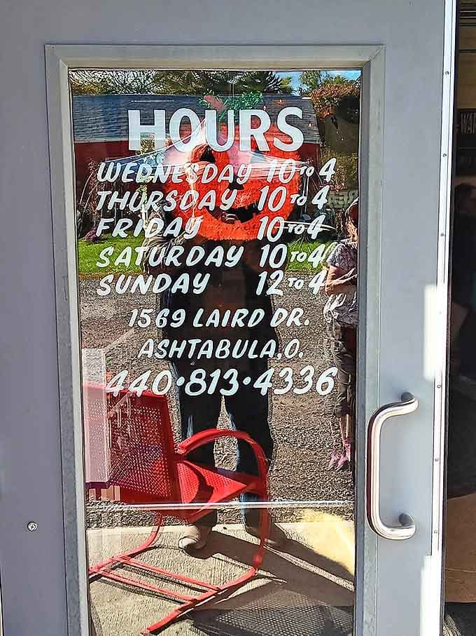 The door that separates ordinary life from extraordinary finds, with hours that promise just enough time to lose yourself completely.