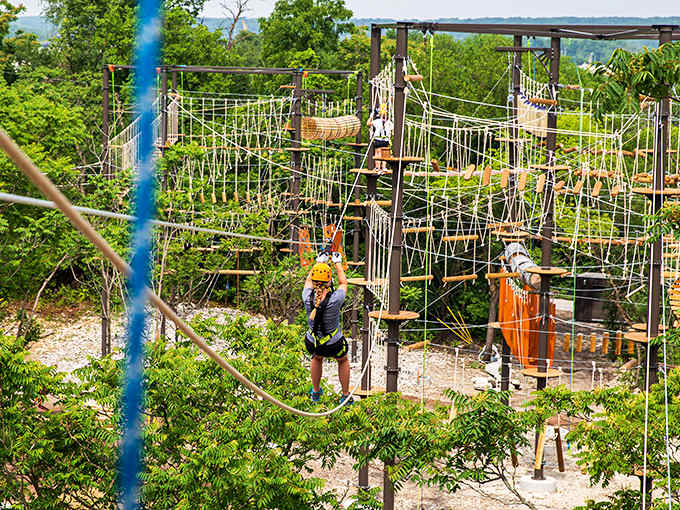 The ropes course: where "don't look down" becomes both the most important and impossible advice to follow.