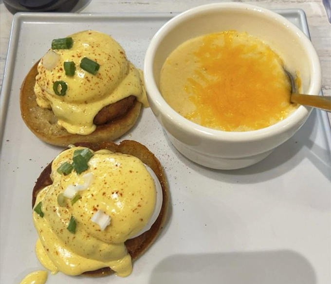 Crab Cakes Benedict that would make Benedict Arnold reconsider his loyalties &ndash; topped with hollandaise sauce that's practically liquid gold.