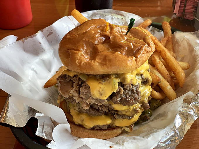 When two Midwest classics collide &ndash; this burger, dressed with Chicago dog toppings, creates a beautiful culinary harmony that shouldn't work but absolutely does.