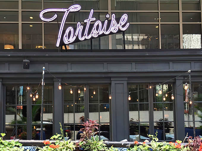 The neon Tortoise sign glows like a beacon in Chicago's night, promising an evening where time slows down deliciously.