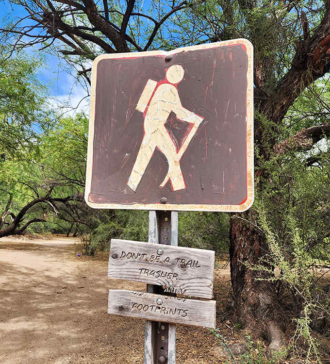 Trail signs remind visitors to tread lightly, preserving this desert-meets-water ecosystem for future generations to enjoy.