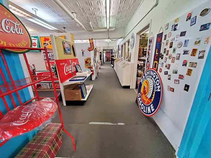 Vintage signs and Route 66 memorabilia line the walls, creating a museum you can actually eat in, which is the best kind.