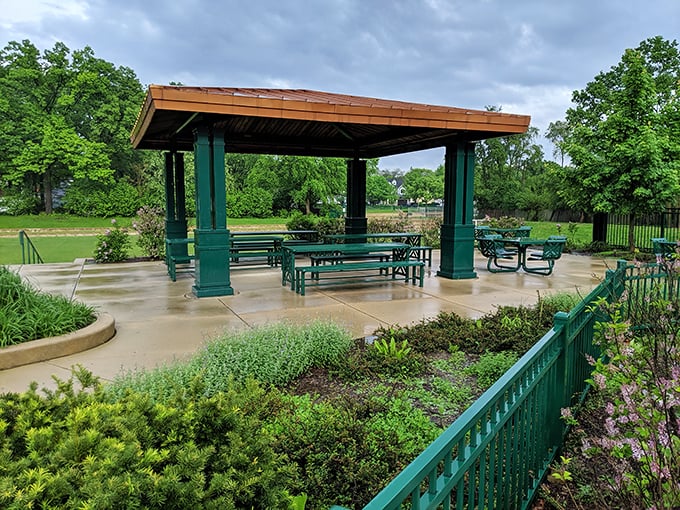 Washington Park's sheltered picnic area invites gatherings large and small, where community connections are strengthened over shared meals.