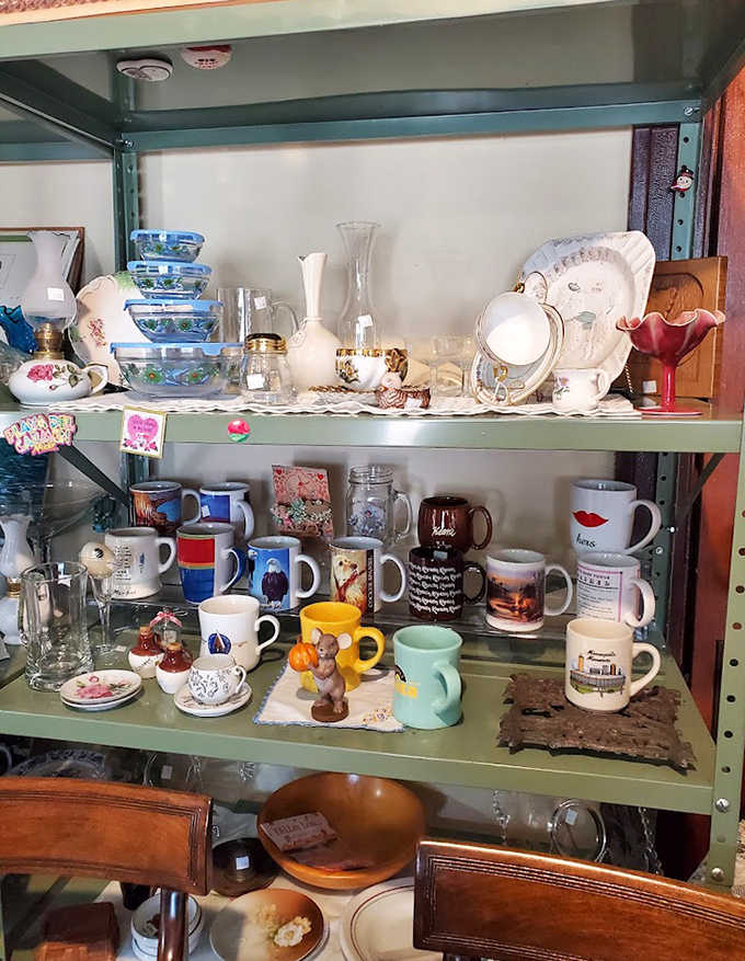 Mugs and glasses from bygone eras wait to be filled again, each one a conversation starter about the places they've been.
