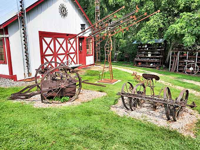 Antique farm equipment that's retired from actual farming but found new purpose as the bones of outdoor sculpture installations.